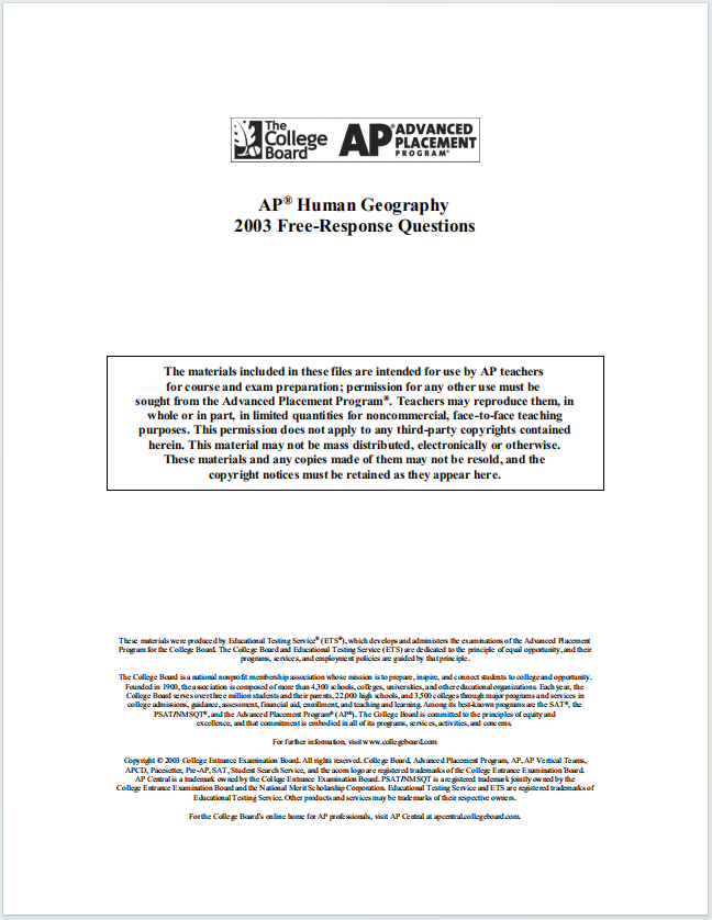 AP人文地理2003年真题下载《AP Human Geography 2003 Free-Response Questions》
